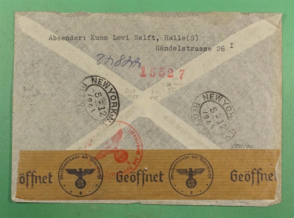 DR WHO 1941 GERMANY JUDAICA LEVI LETTER WWII CENSORED REGISTERED TO USA ...
