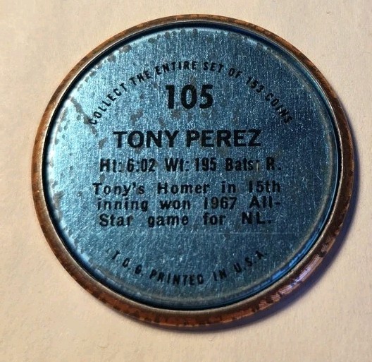 1971 Topps Coins #105 Tony Perez Vintage MLB Coin Cincinnati Reds HOF ...