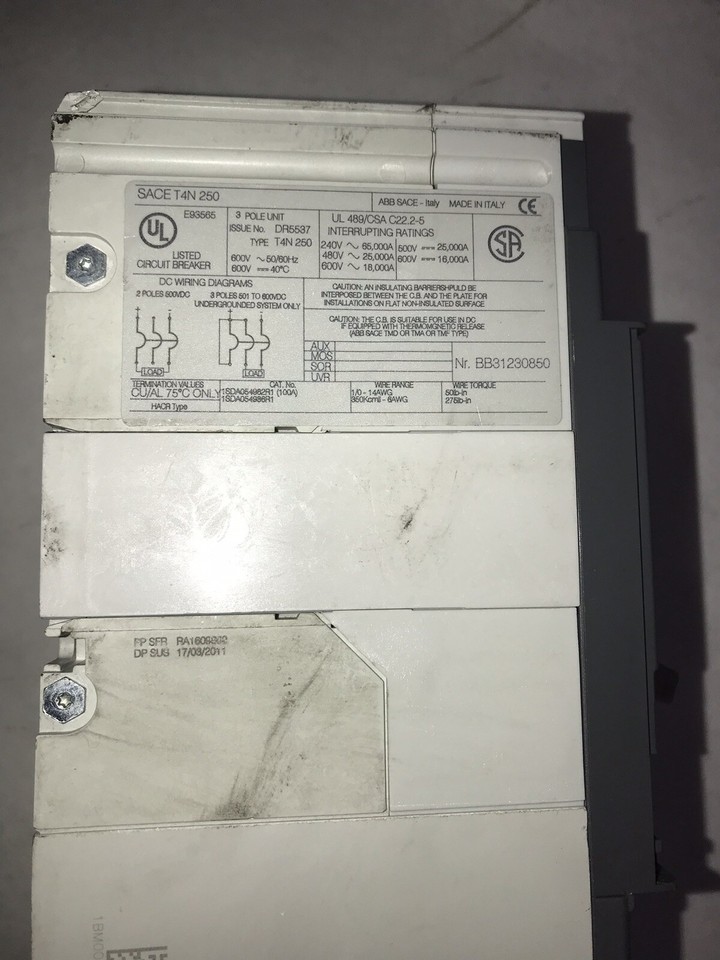 ABB SACE T4N 250 250A 3 POLE 600V 50/60Hz CIRCUIT BREAKER SACE T4N250 ...