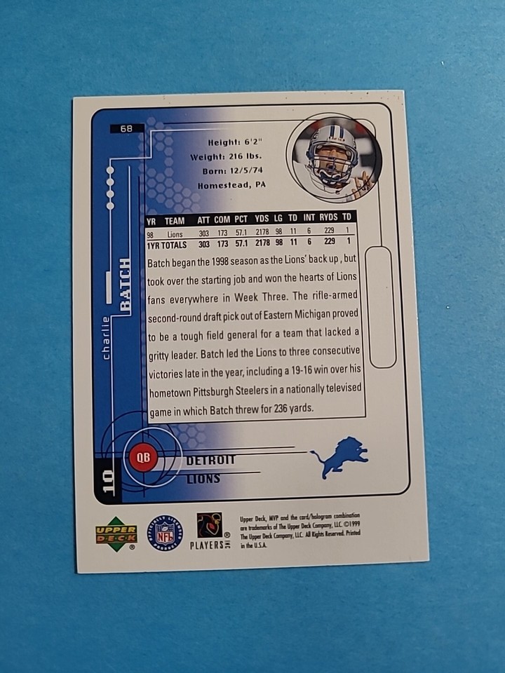 CHARLIE BATCH 1999 UPPER DECK MVP FOOTBALL CARD # 68 I2740 | eBay