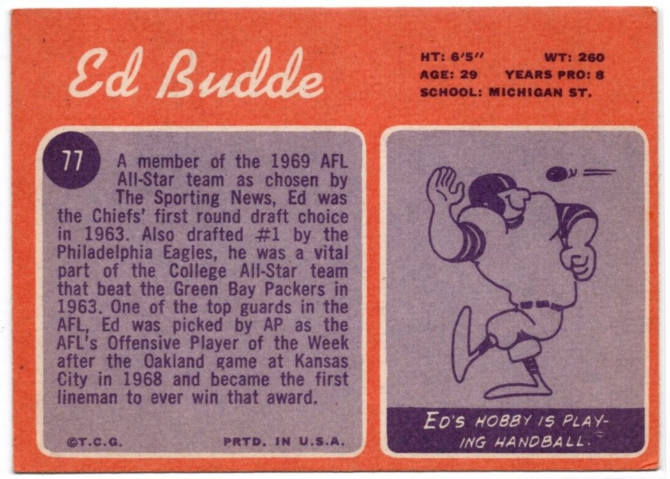 1970 TOPPS Football Card #77 ED BUDDE VG/EX+ Kansas City CHIEFS Vintage ...
