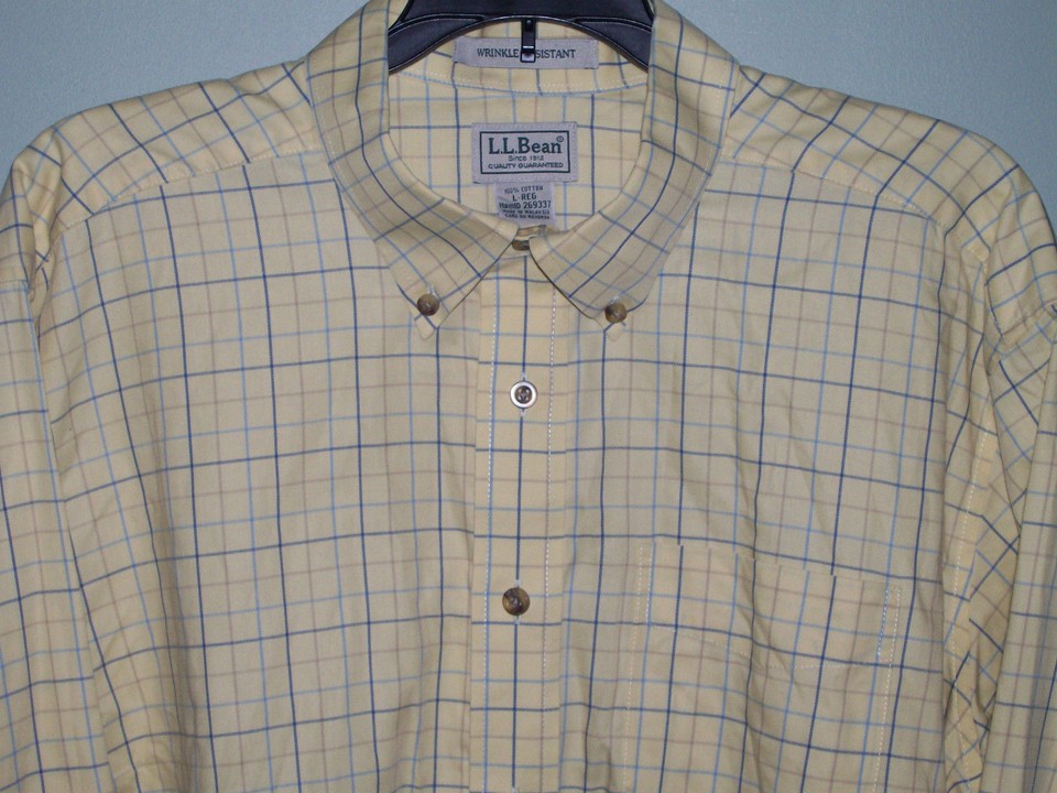 L.L. Bean Men's Long Sleeve Button Front Shirt Yellow Check Plaid Size ...