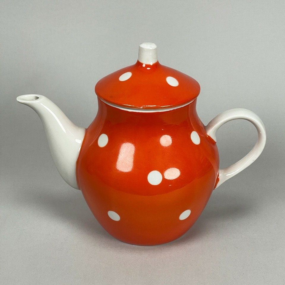 Vintage 50s Soviet MCM Dulevo Orange Polka Dot Teapot Creamer Sugar Tea ...