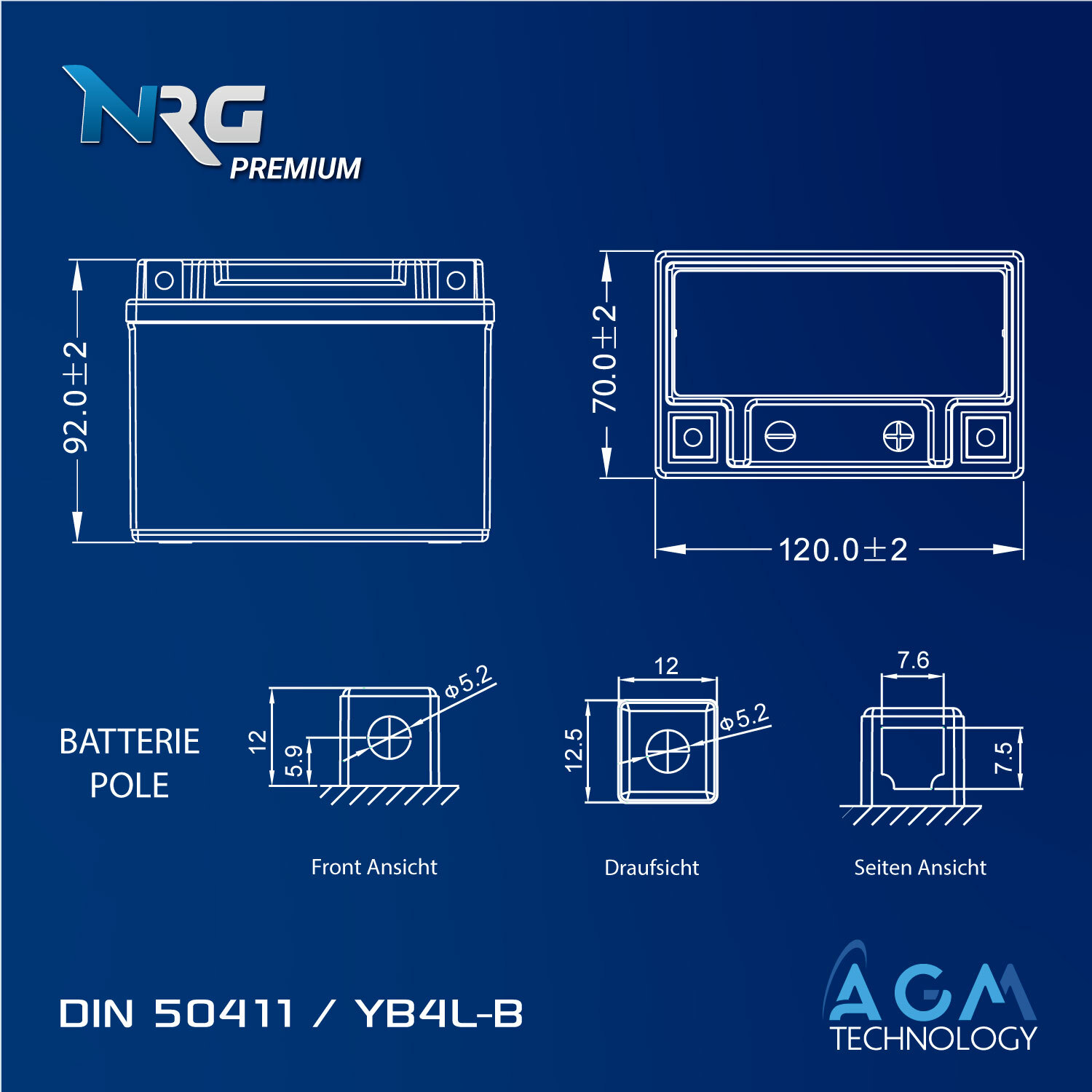 NRG YB4L-B AGM Roller Batterie 5,5Ah 12V CB4L-B 50411 YB4L-A 12N4-3B ...