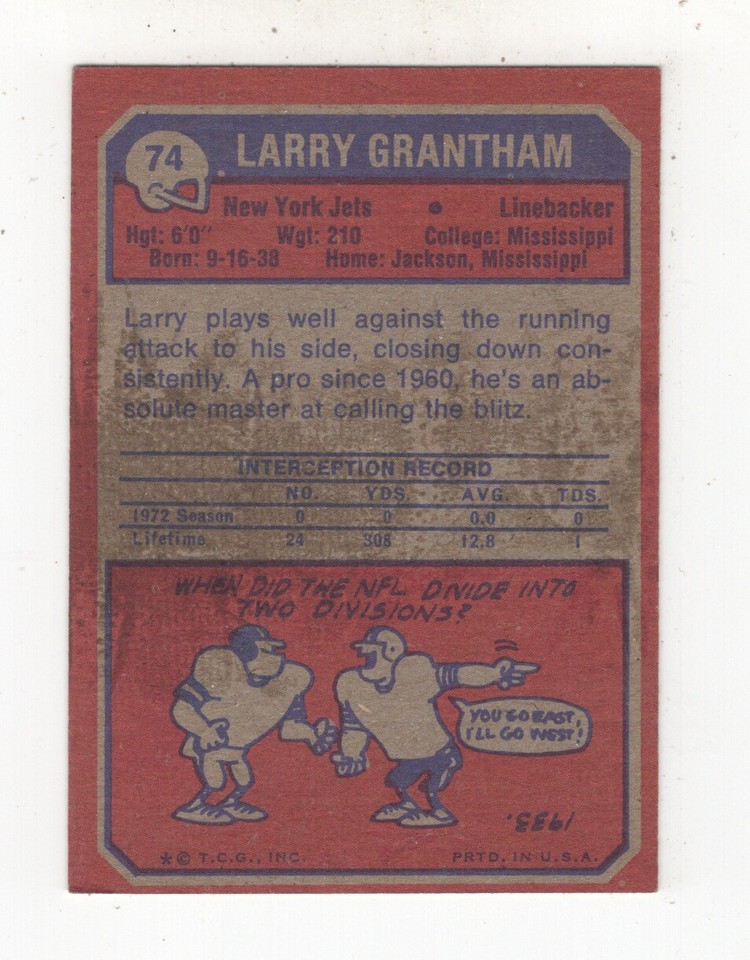 1973 TOPPS FOOTBALL LARRY GRANTHAM NEW YORK JETS #74 | eBay