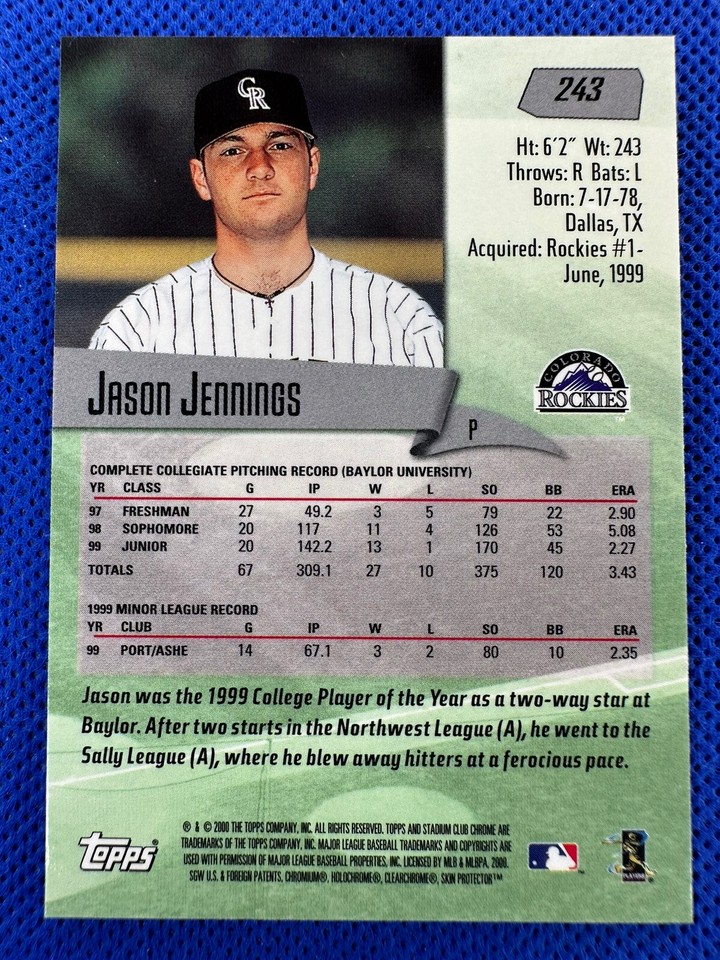 2000 #243 Jason Jennings Topps Stadium Club Chrome Baseball Draft Pick ...