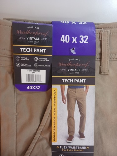Mens Weatherproof Vintage Tech Pants Stretch Tan Size 40 x 32 NEW with ...