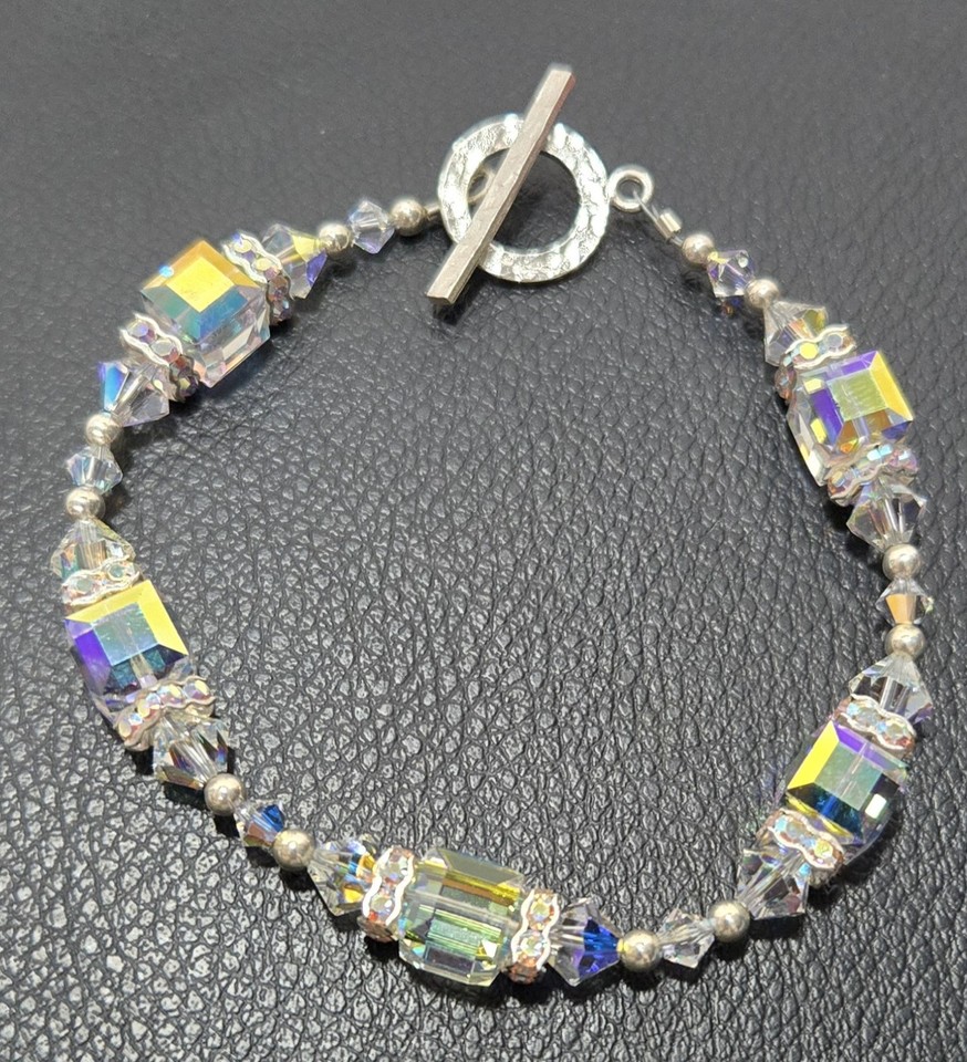 Bracelet Made With Sterling Silver & Swarovski Crystal AB Beads 7 Inch ...