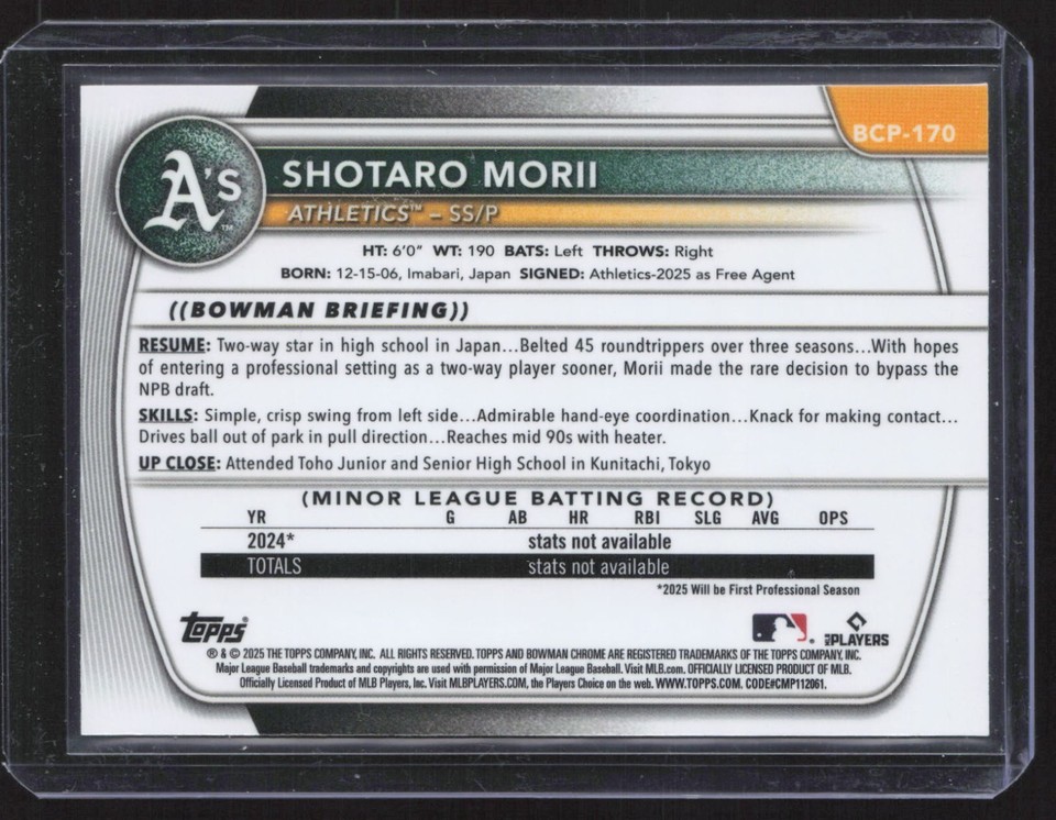 2025 Bowman Chrome 1st Shotaro Morii Base Athletics BCP-170 | eBay