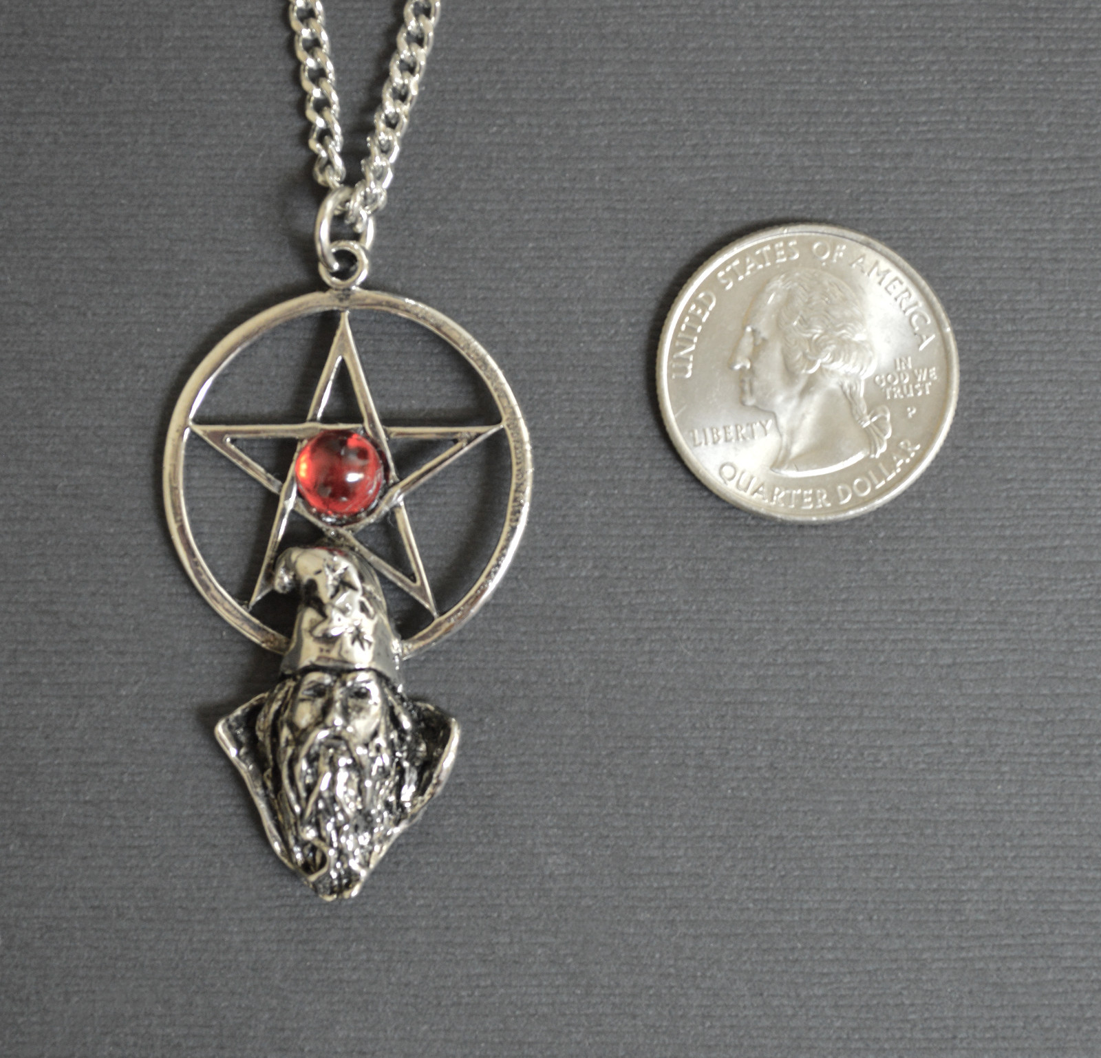 Wizard Pentacle with Red Stone Silver Finish Pendant Necklace NK-405R ...