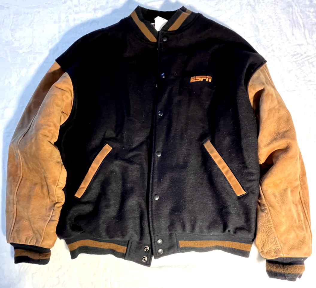 Vintage ESPN Letterman Varsity Bomber Jacket Wool Lea… - Gem
