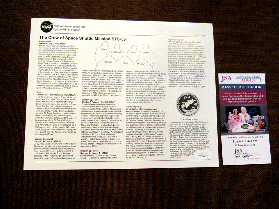 STS-55 SHUTTLE CREW NASA ASTRONAUTS SIGNED AUTO VINTAGE LITHO PHOTO JSA ...