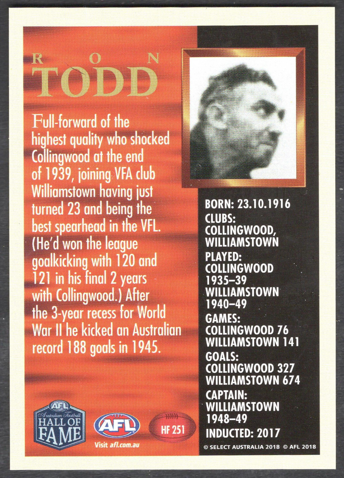 2018 AFL LEGACY HALL OF FAME (HOF SERIES 5) CARD - HF251 Ron TODD ...