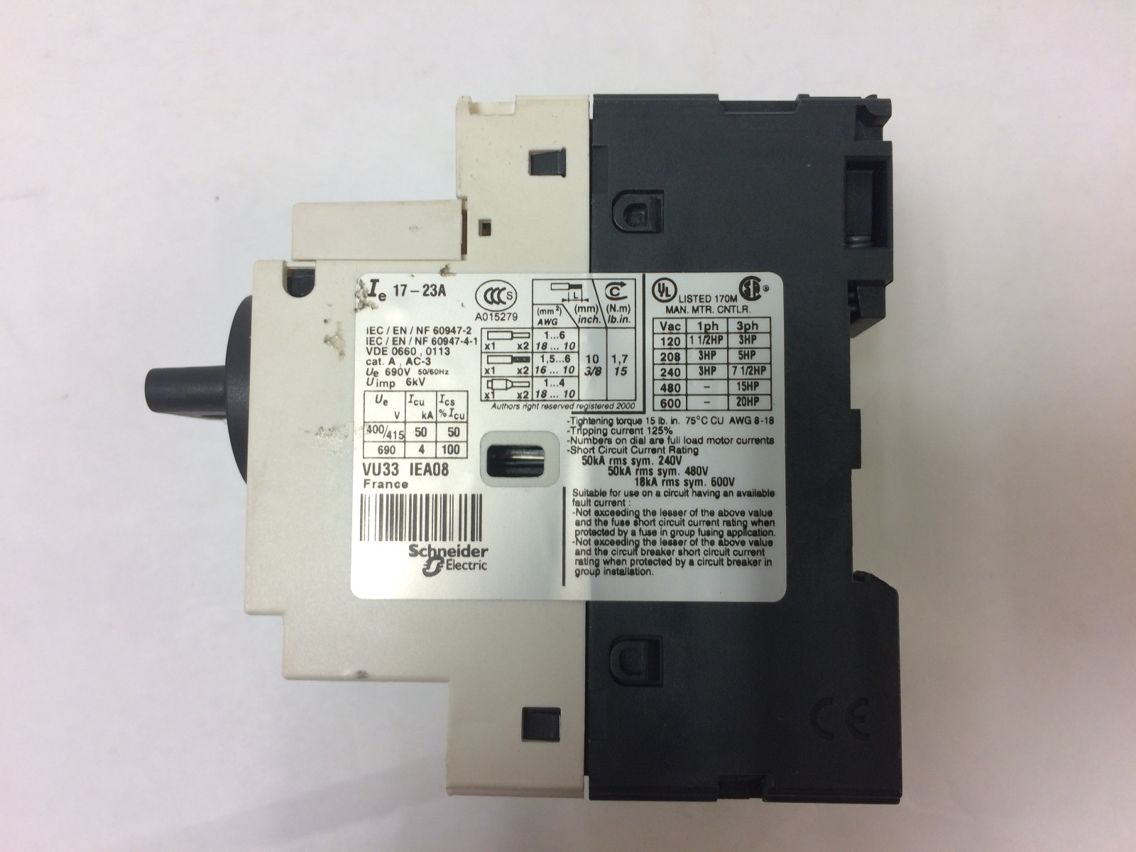 TELEMECHANIQUE GV2-P21 /17-23A MOTOR CIRCUIT BREAKER 690VAC + GVAN11 ...