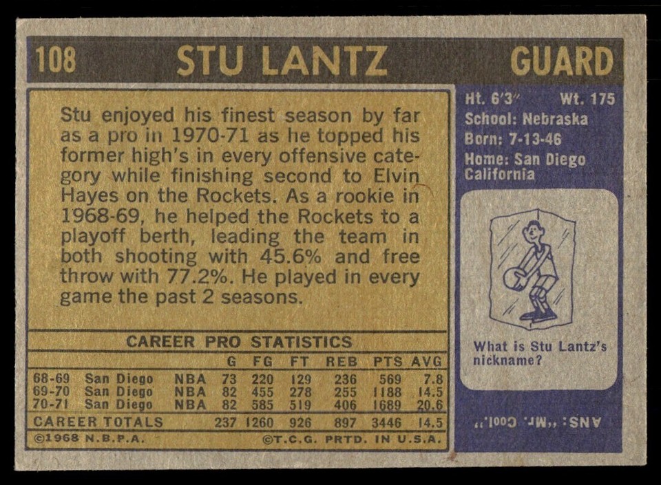 1971-72 Topps Basketball Card Stu Lantz Houston Rockets #108 EX-MT | eBay