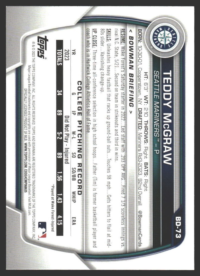 Teddy McGraw #BD-73 2023 Bowman Draft Seattle Mariners | eBay