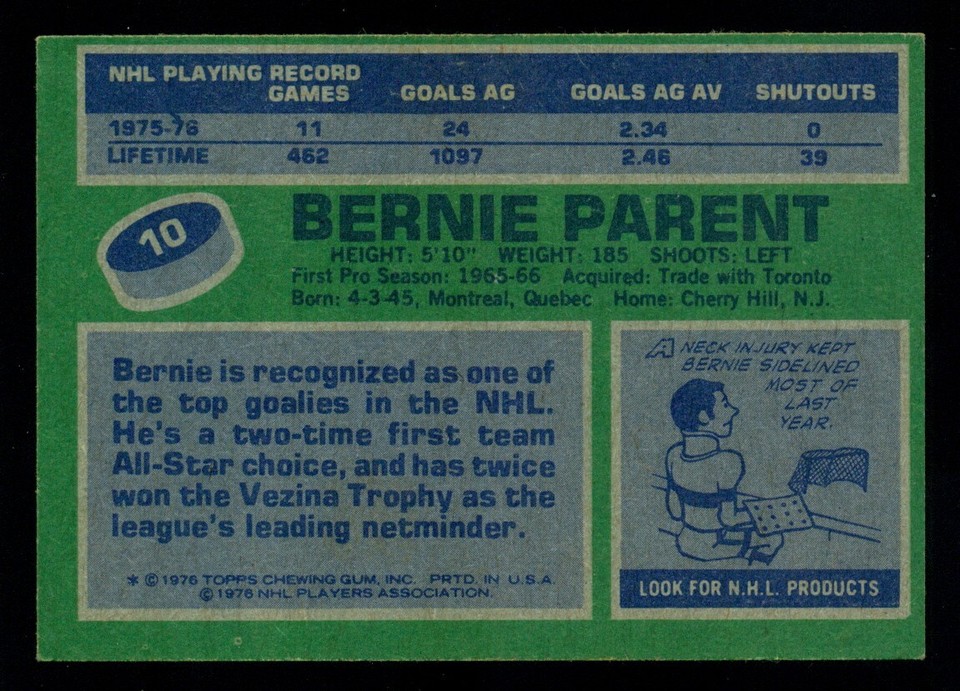 1976-77 TOPPS NHL HOCKEY #10 Bernie Parent EX-NM PHILADELPHIA FLYERS ...