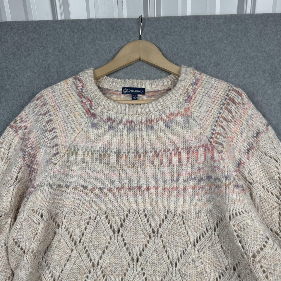 Democracy Sweater Womens XL Beige Pink Fair Isle Pullover Cottagecore ...