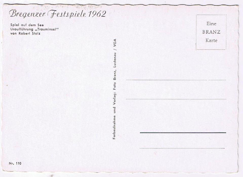 Austria Postcard Bregenz Bregenzer Festspiele 1962 Trauminsel Dream ...