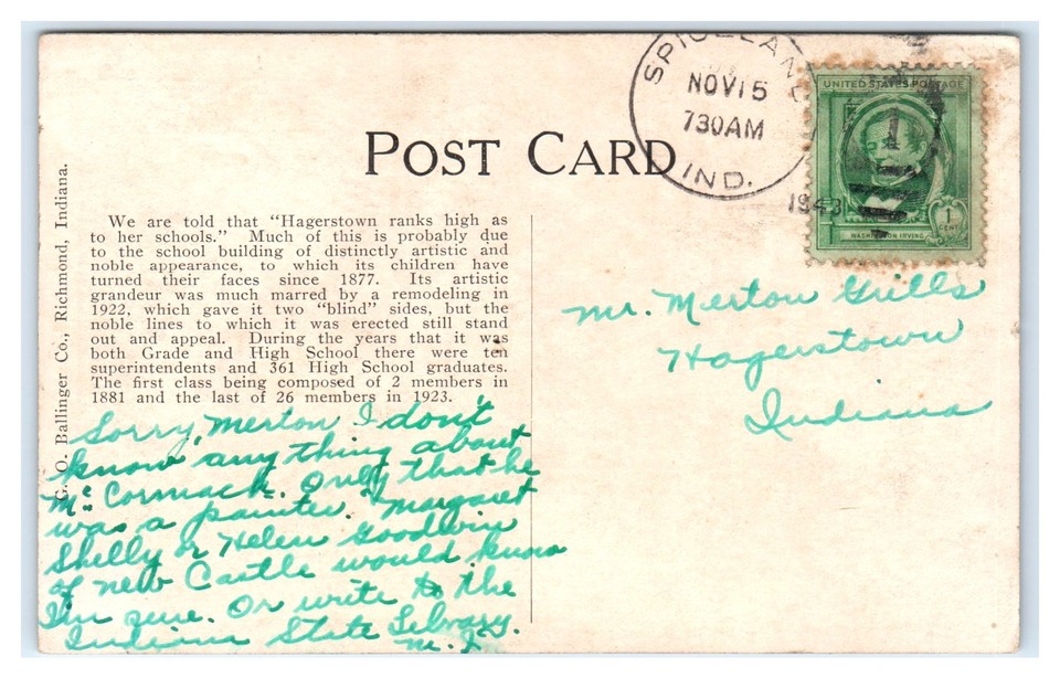 1943 Hagerstown, IN Postcard- PUBLIC SCHOOL BUILDING | eBay