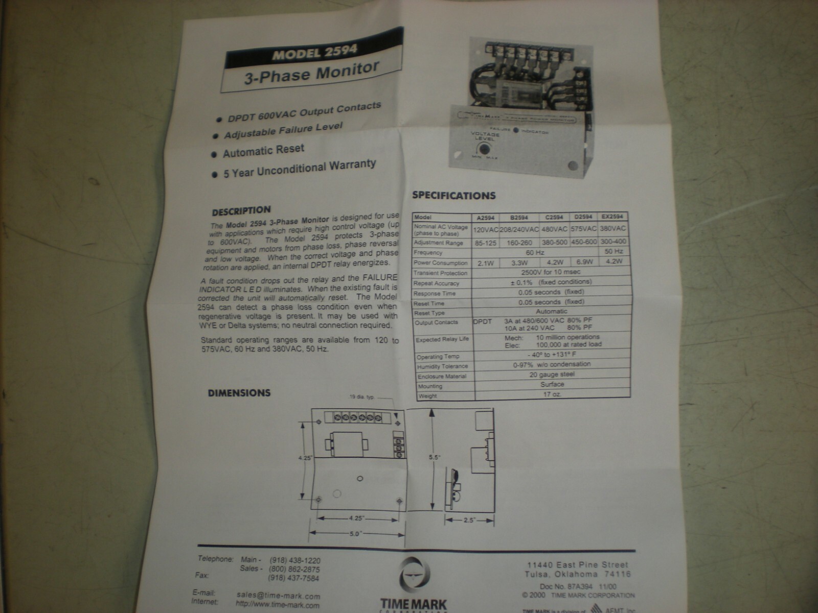 Time Mark Model B2594-240VAC 3-Phase Power Monitor - 98062602 - NIB | eBay