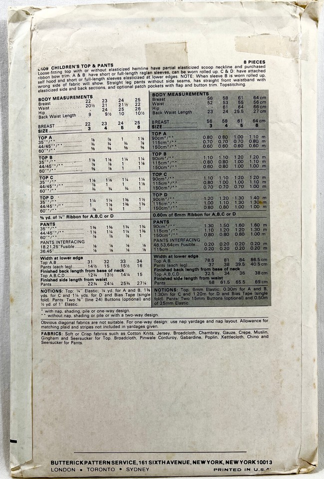 1970s Butterick Sewing Pattern 6409 Girls Top & Pants 4 Styles Size 4 ...