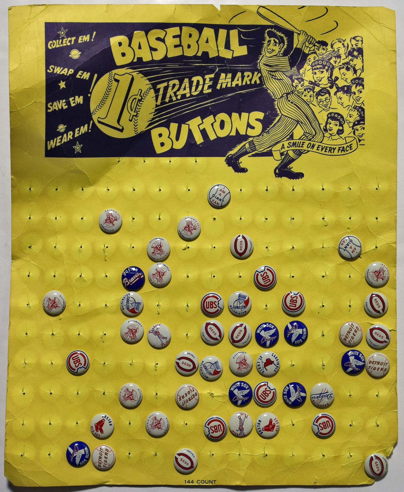 1956 Pin 1950s 12.5 x 15 Inch Baseball Buttons Store Display w/47 team ...
