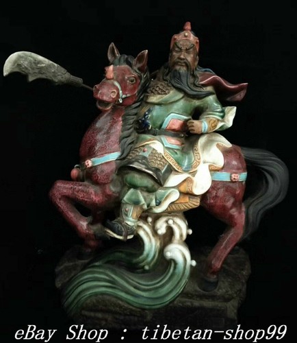 20" Old China Wucai Porcelain Warrior God Guangong Guan Gong Yu horse ...