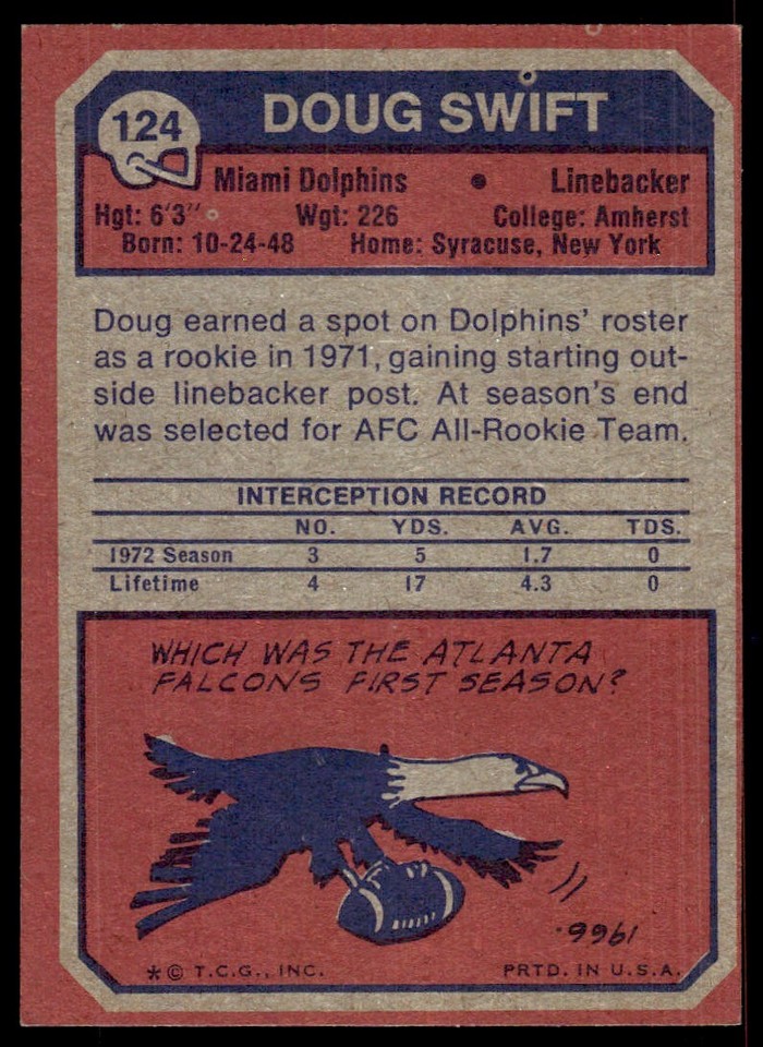 1973 TOPPS DOUG SWIFT 2 RC MIAMI DOLPHINS #124 | eBay