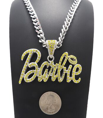 Women Gold Plated Yellow Barbie Iced Cubic Zirconia Charm & Cuban Chain ...