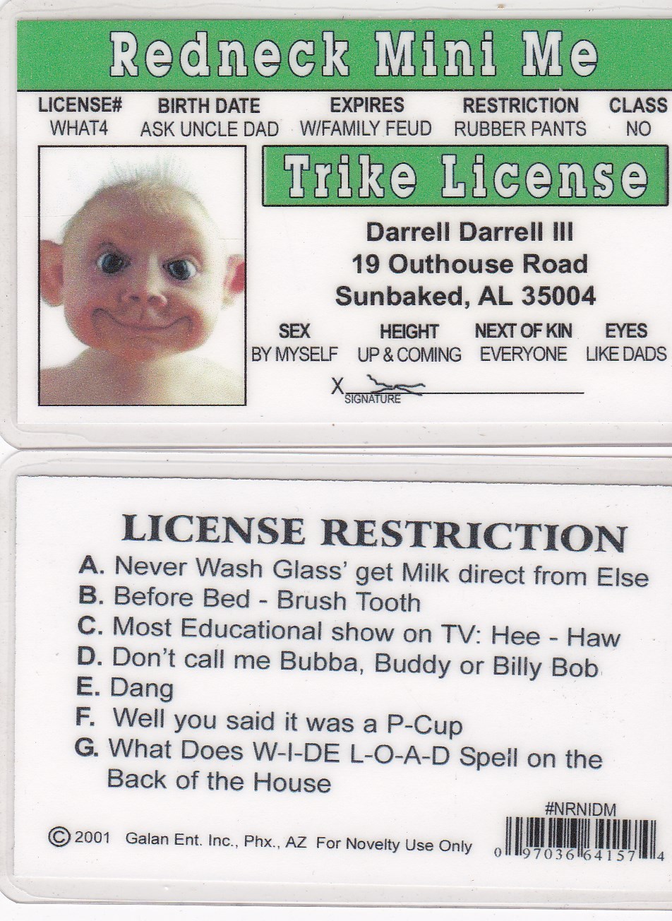 REDNECK MAN Trike Alabama Outhouse fun novelty fake ID Card Drivers ...