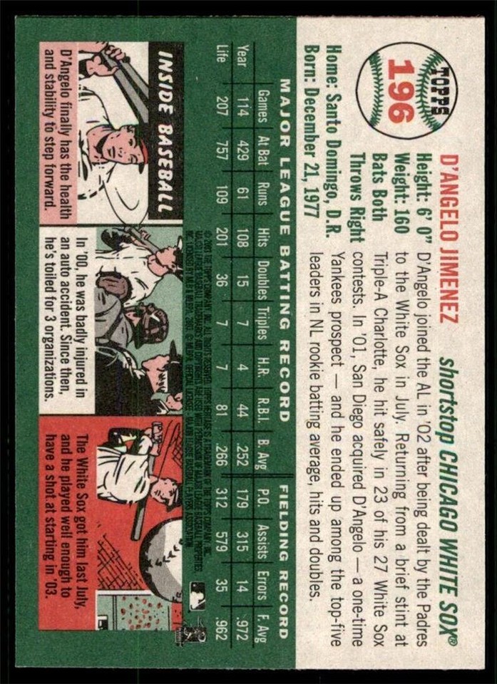2003 D'Angelo Jimenez Chicago White Sox Topps Heritage Baseball Card ...