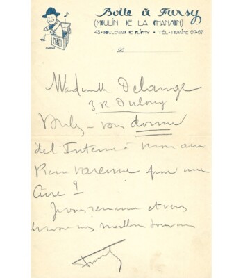 FURSY Henri Dreyfus, dit. Chansonnier, directeur de cabarets. Lettre ...