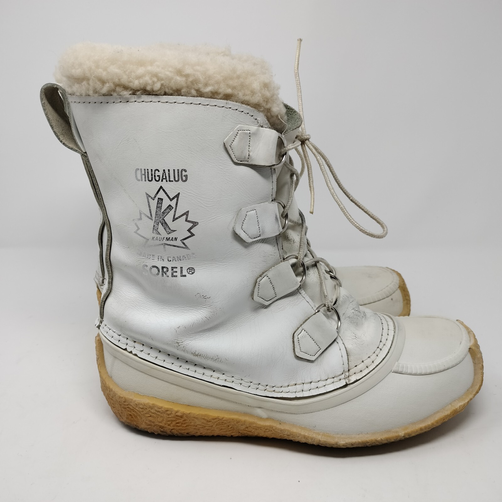 VTG Sorel Chugalug Kaufman White Leather Wool Lined Winter Boots Size ...