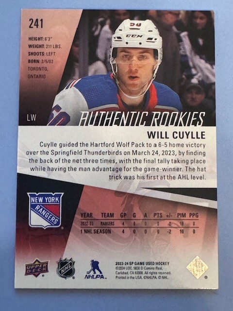 Will Cuylle 130/222 Authentic Rookies 2023-24 New York Rangers Card 🔥🔥 ...