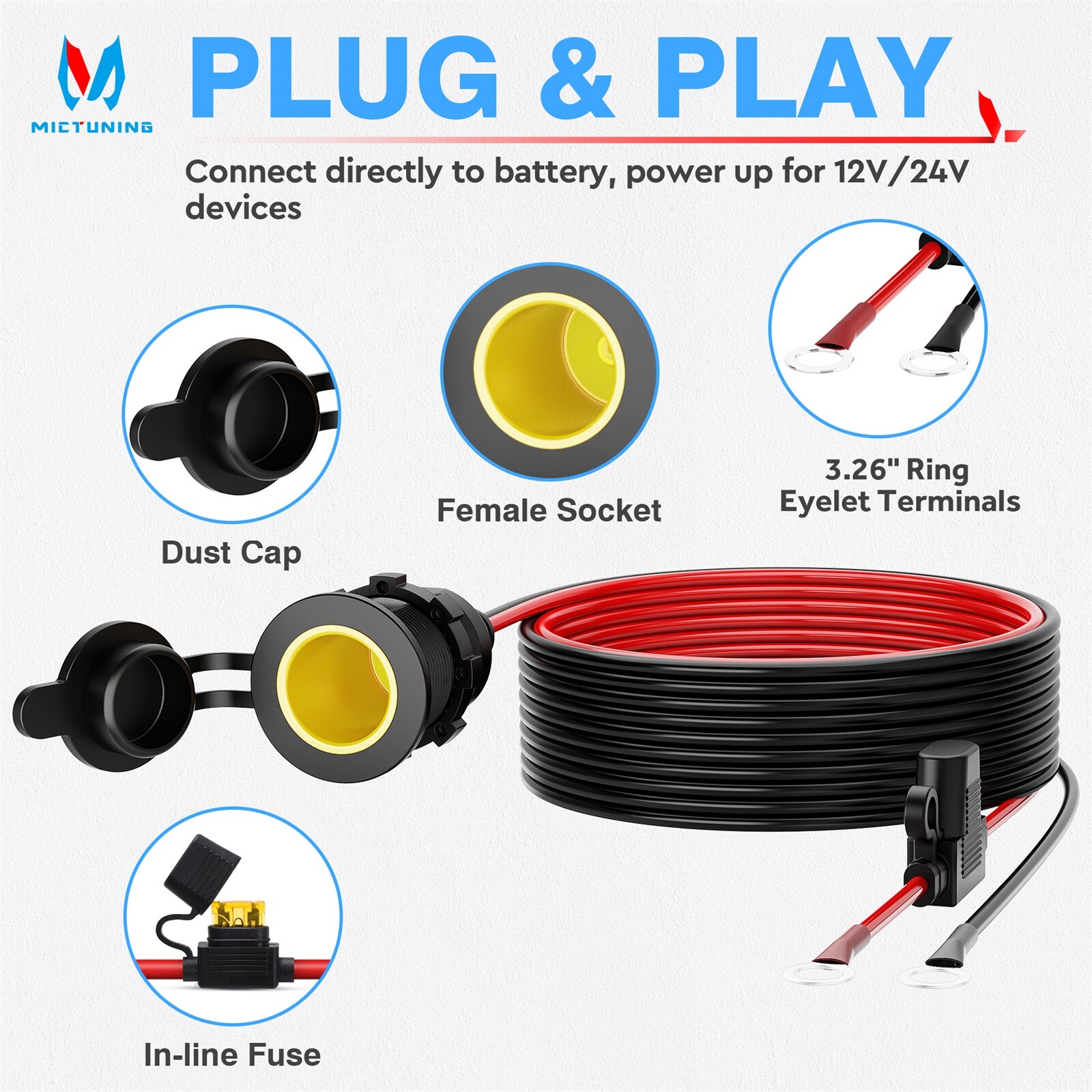 12 AWG Cigarette Lighter Extension Cord 12ft Wire Cable Power Socket ...