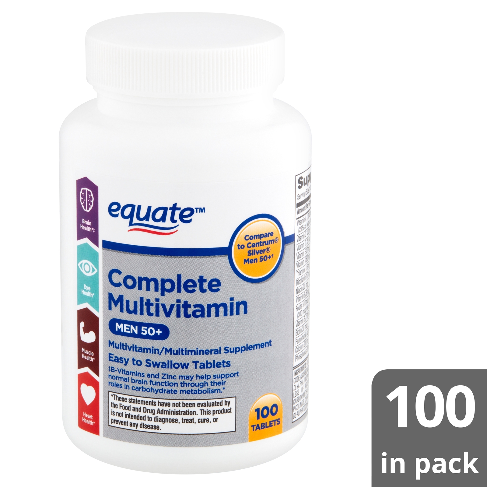 Equate Complete Multivitamin Brain & Heart Health Men 50+ 100 Count 2 ...