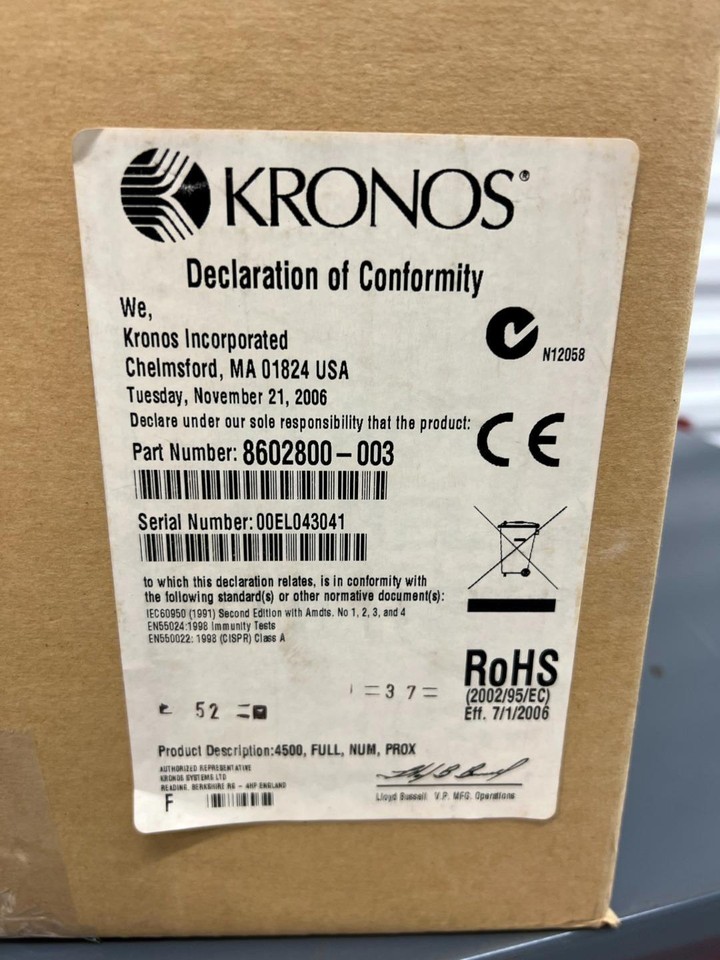 Kronos 8602800-003, System 4500 Ethernet Time Clock W / Accessories | eBay