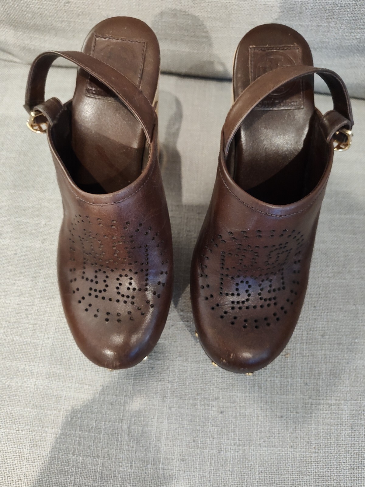 TORY BURCH BRAYDEN Perforated Leather Wood Platform Heel Slingback Clog ...