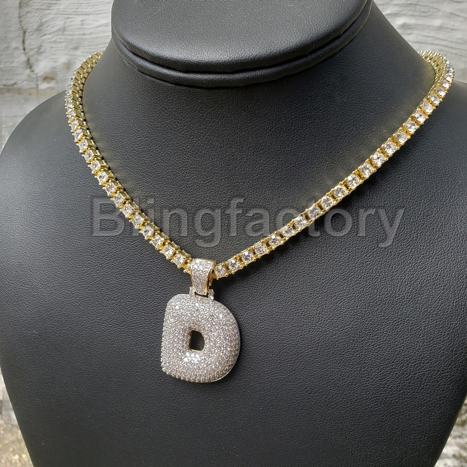 Hip Hop Bubble Letter "D" Brass Pendant & 18" 1 Row Tennis Choker Chain ...
