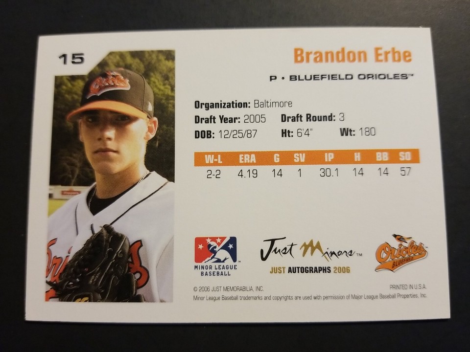 Brandon Erbe Bluefield Orioles 2006 Just Minors #15 Autographed ...