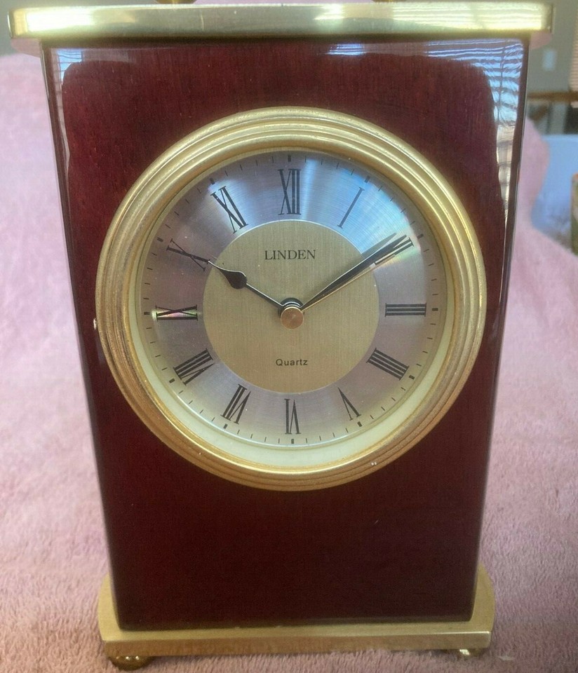 Linden ROSEWOOD & BRASS Mantel Desk clock BEAUTIFUL & HEAVY AA battery ...