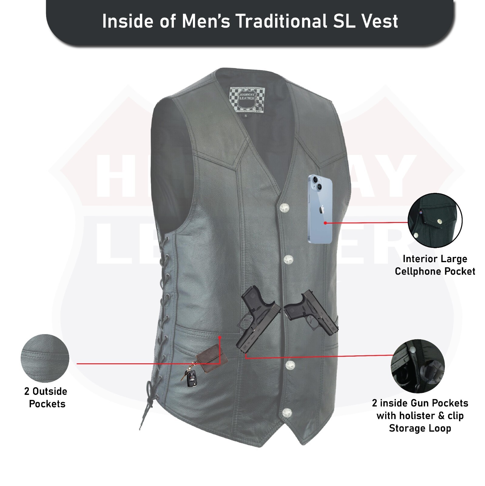 Men Motorcycle Leather Biker Vest Side Lace Gun Pockets club Patch ...