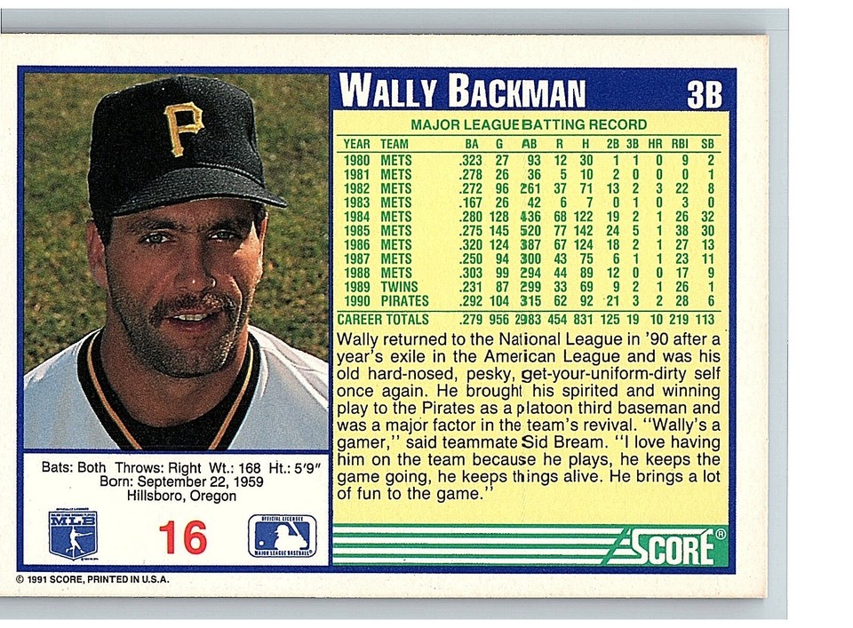 1991 Score Baseball Card Single - #16 Wally Backman | eBay