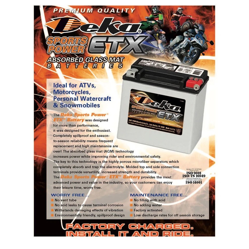 Deka Sports Power ETX16 AGM Battery - Made In USA -325 CCA-FedEx 2 Day ...