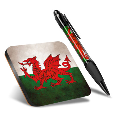 1 x Square Coaster & 1 Pen Distressed Wales Welsh Dragon Flag #56016 ...