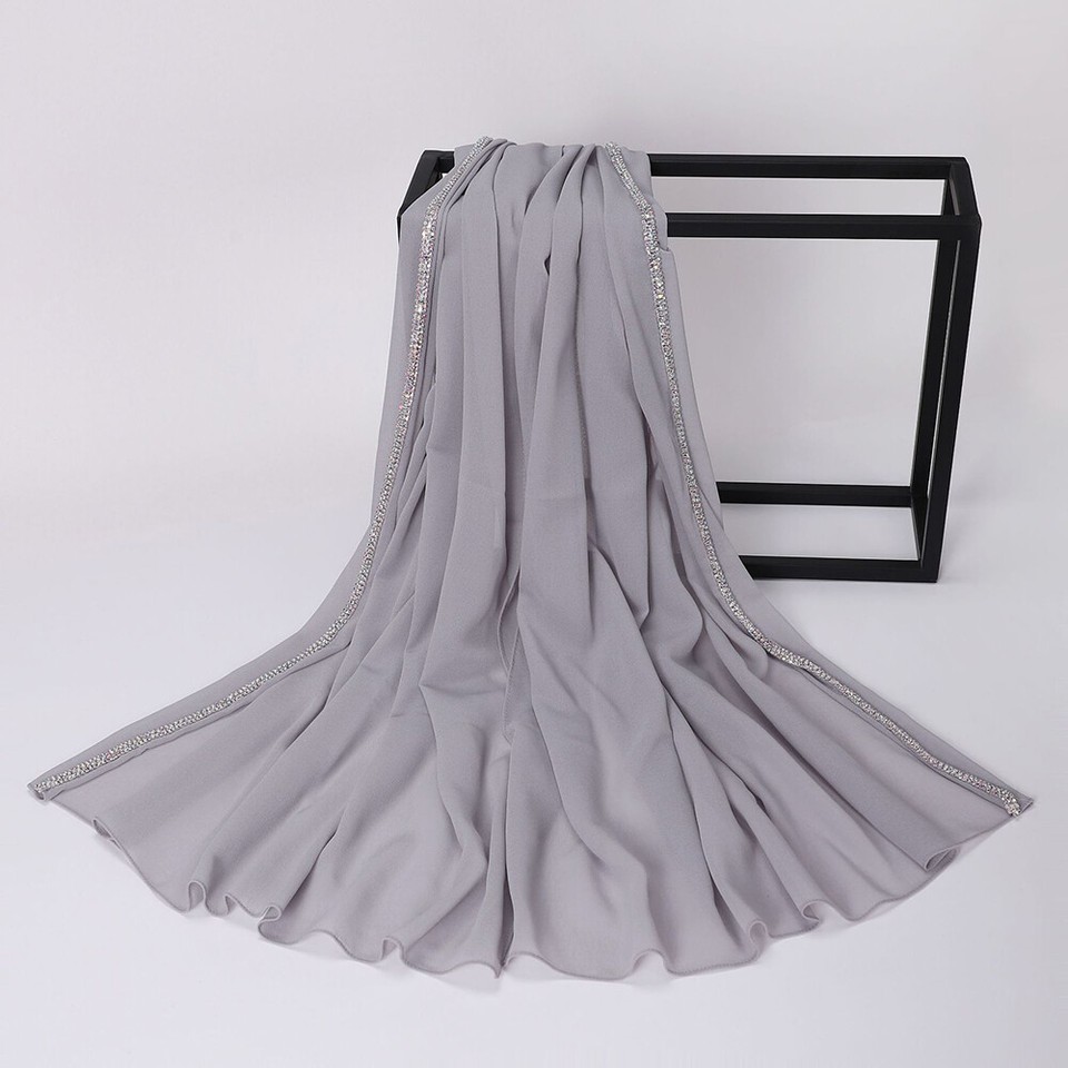Women's Scarf Rhinestones Edge Decors Chiffon Muslim Headscarf Shawls ...