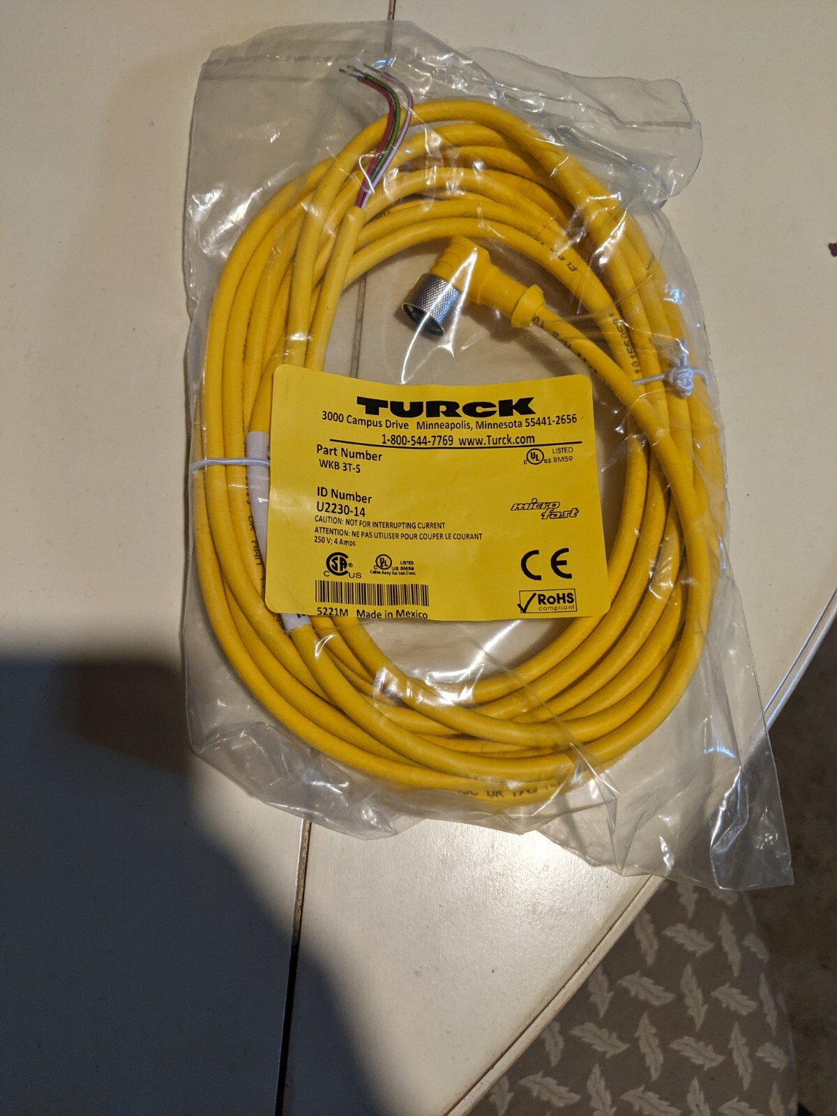 Turck WKB 3t-5 Connector CORDSET Right Angle Yellow 5 Mm 22 AWG Brass 4 ...