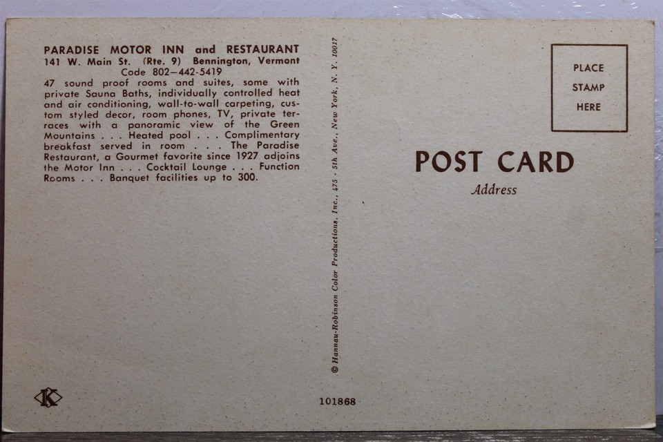 Vermont VT Bennington Paradise Motor Inn Restaurant Postcard Old ...
