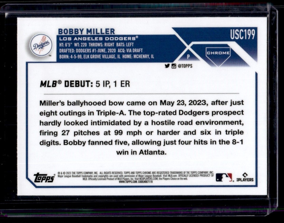 2023 Topps Chrome Refractor Bobby Miller Rookie A8 Los Angeles Dodgers ...